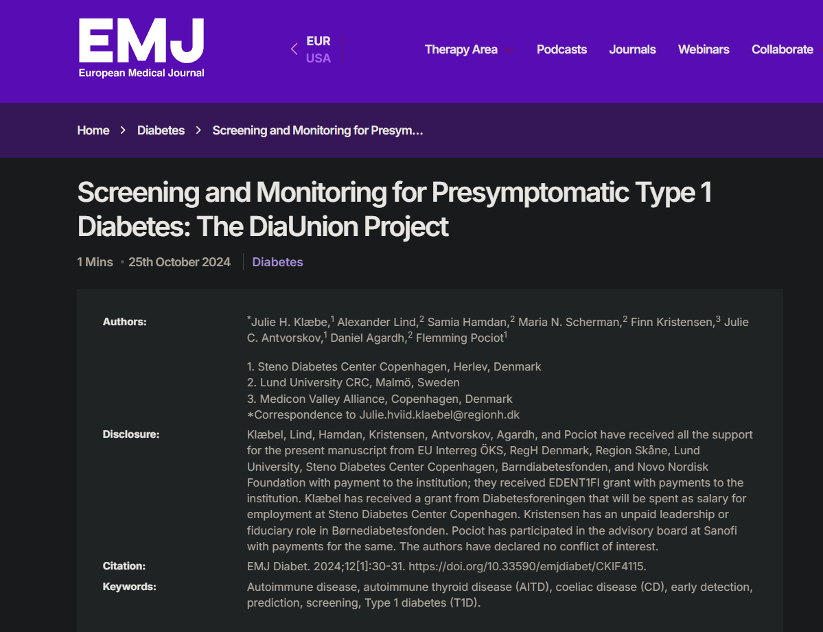 The DiaUnion project featured in the European Medical Journal: - DiaUnion